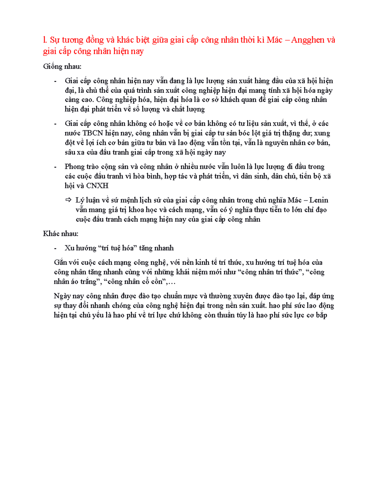 Cnxhkh - . Sự tương đồng và khác biệt giữa giai cấp công nhân thời kì ...