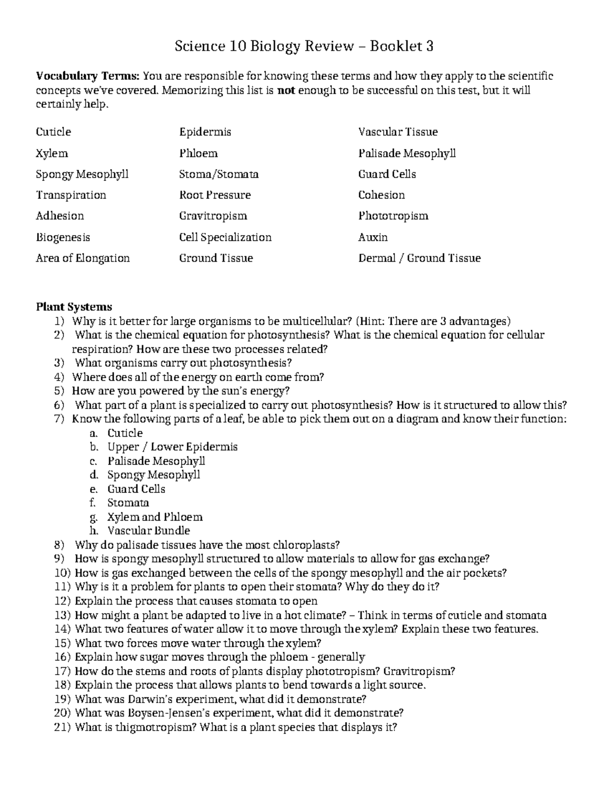 Biology Review - Booklet 3 - Science 10 Biology Review – Booklet 3 ...