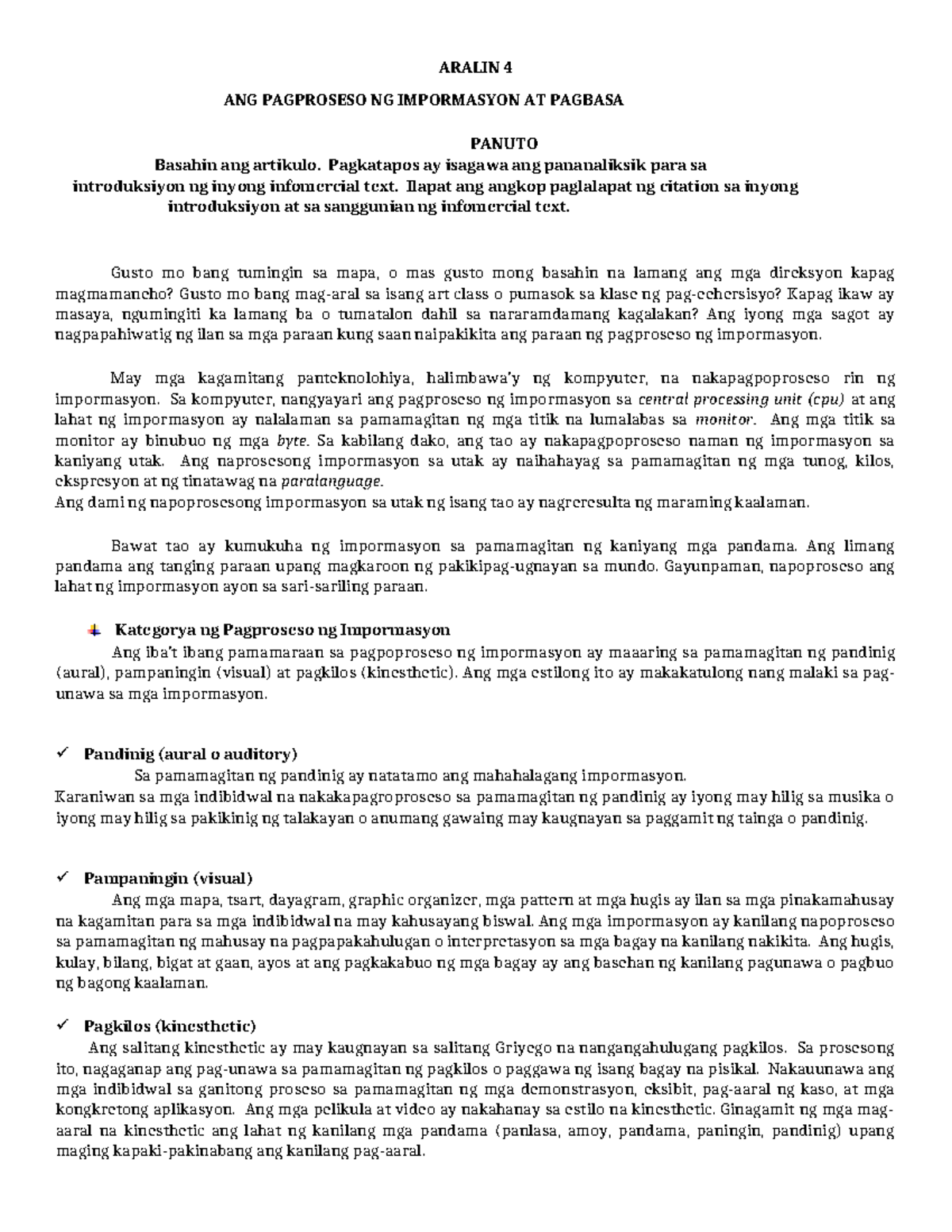 Aralin 4 Proseso ng Impormasyon - ARALIN 4 ANG PAGPROSESO NG ...