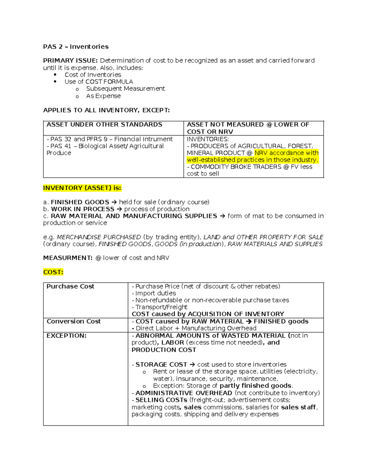 PAS 2 - Notes about PAS 2 - PAS 2 – Inventories PRIMARY ISSUE ...
