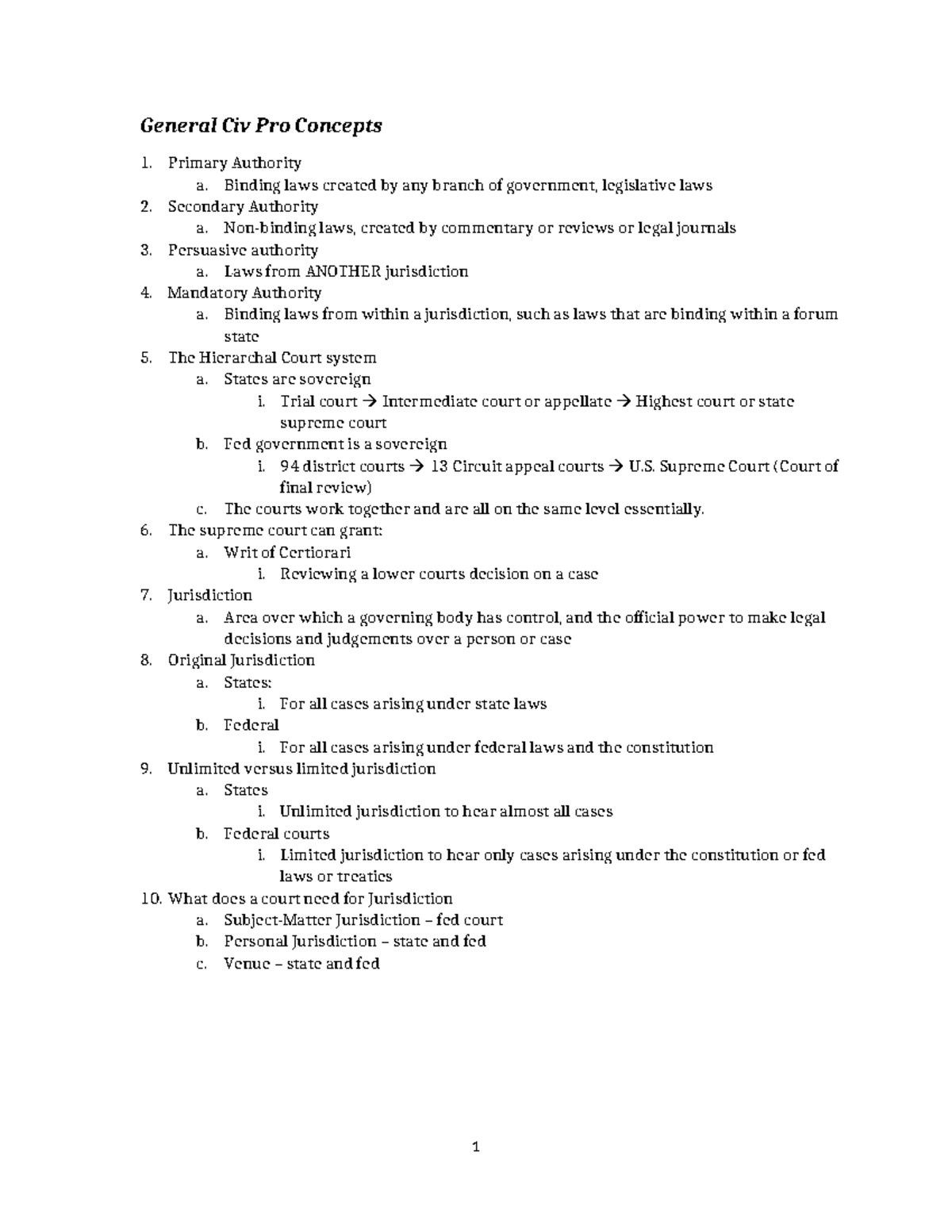 Civ Pro outline 2023 - Outlining - General Civ Pro Concepts 1. Primary ...