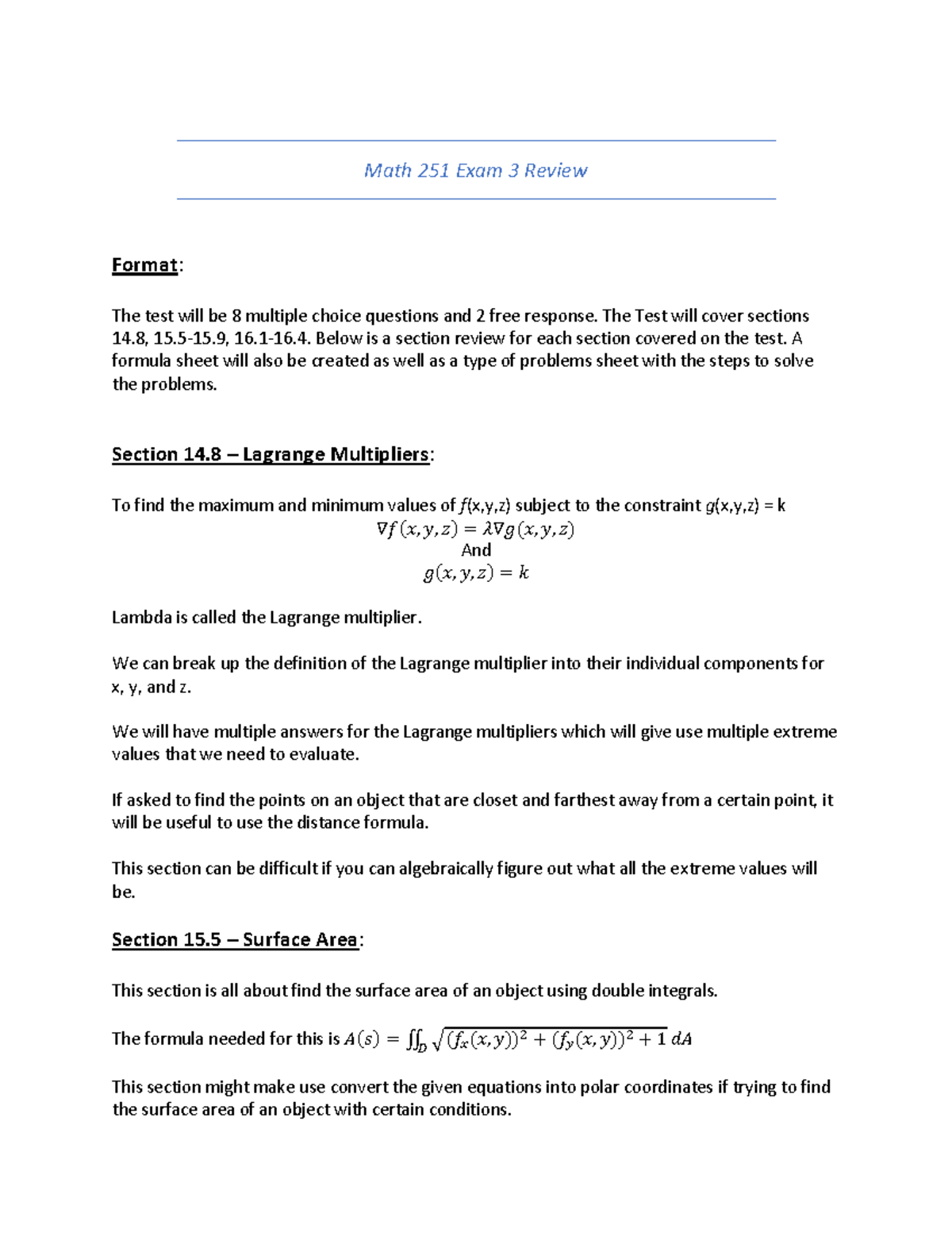 Math 251 Exam 3 Review - Warning: TT: undefined function: 32 Warning: TT: undefined function: 32 ...