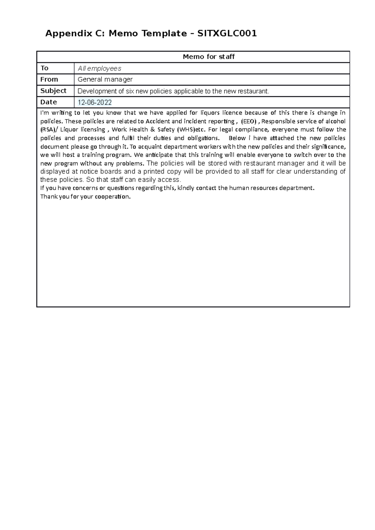 Appendix C Sitxglc 001 - Assignment for cooking - Appendix C: Memo ...