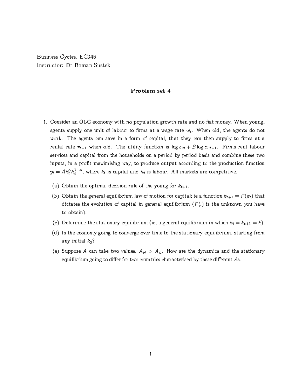 Tutorial 4 Questions - Business Cycles, EC Instructor: Dr Roman Sustek ...