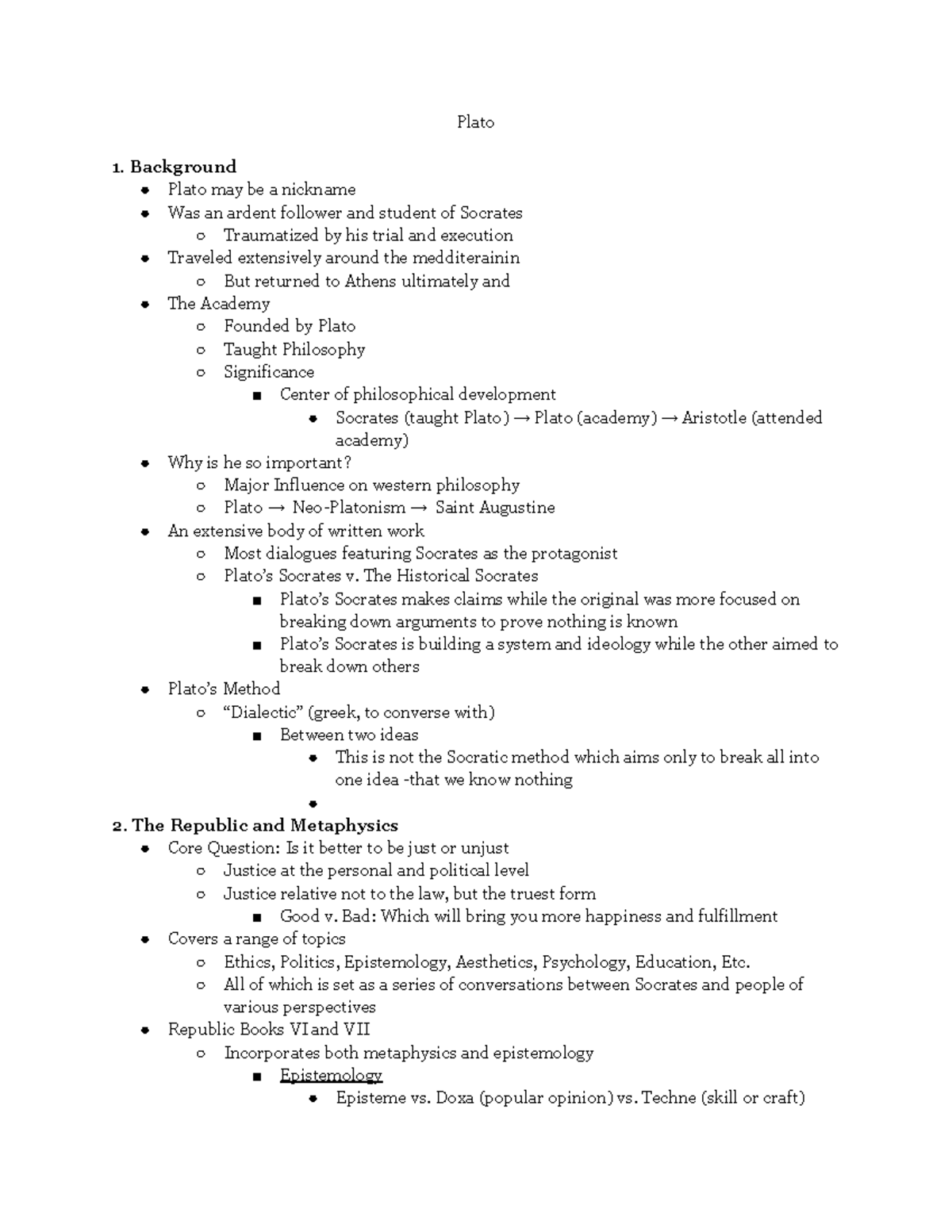 Plato Class Notes - Plato 1. Background Plato may be a nickname Was an ...