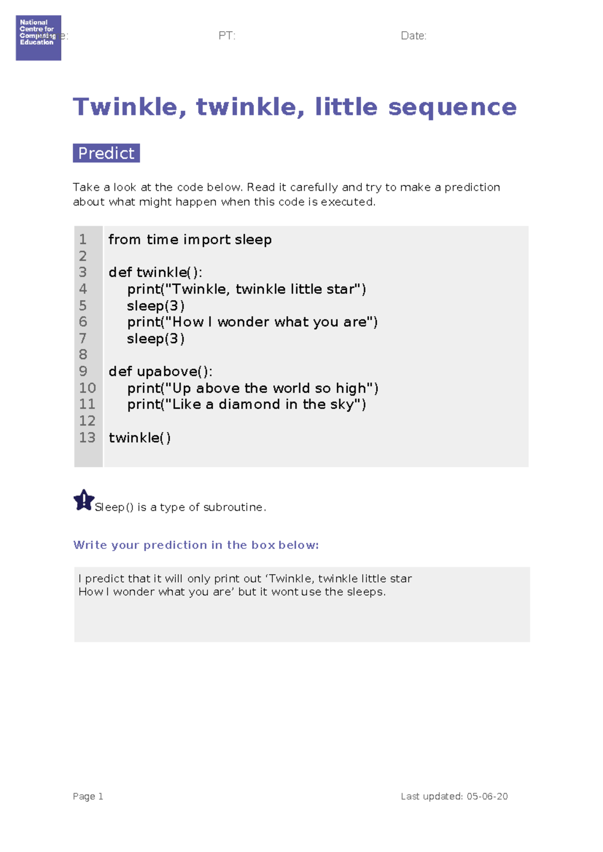 A3 Worksheet - Twinkle, twinkle little sequence - Twinkle, twinkle ...