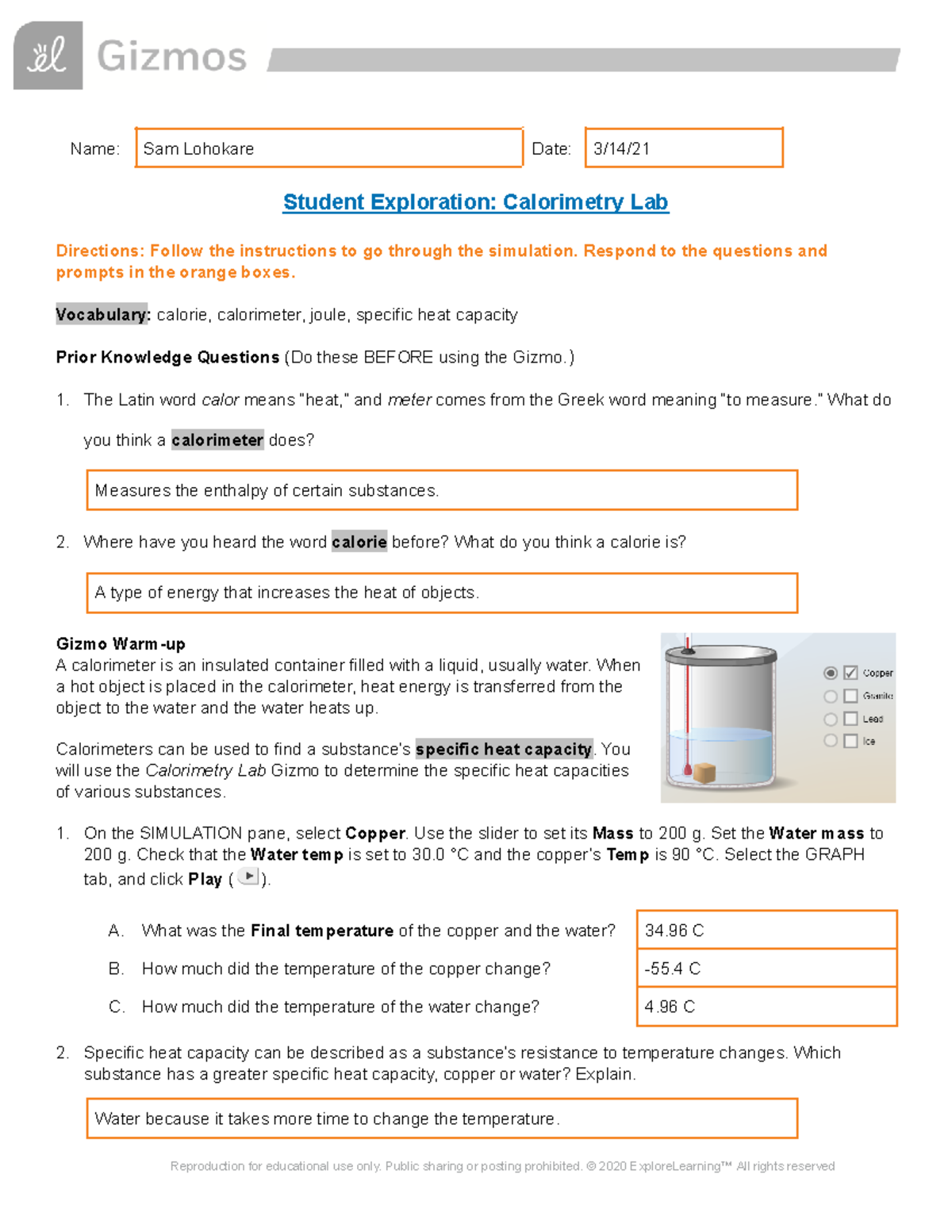 Gizmos Calorimetry Lab - Name: Sam Lohokare Date: 3/14/ Student ...