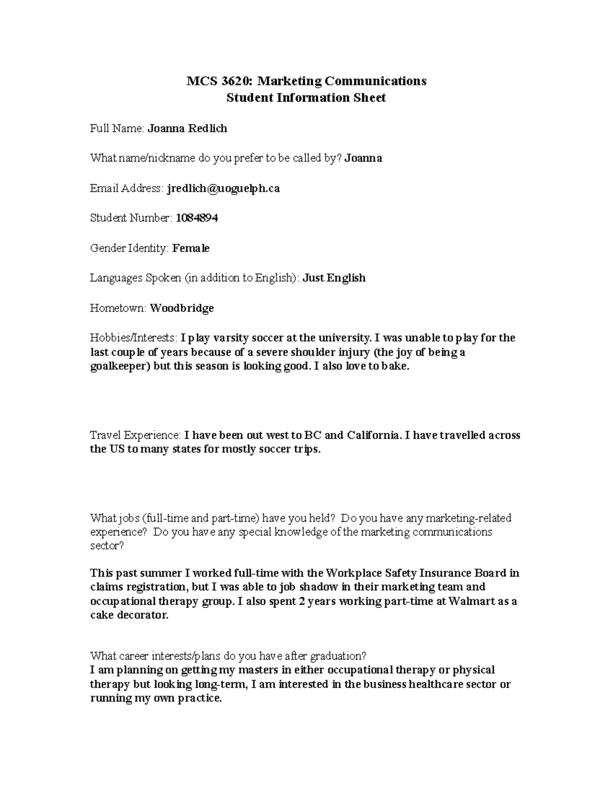 Student Info Sheet - A homework assessment given at the beginning of ...