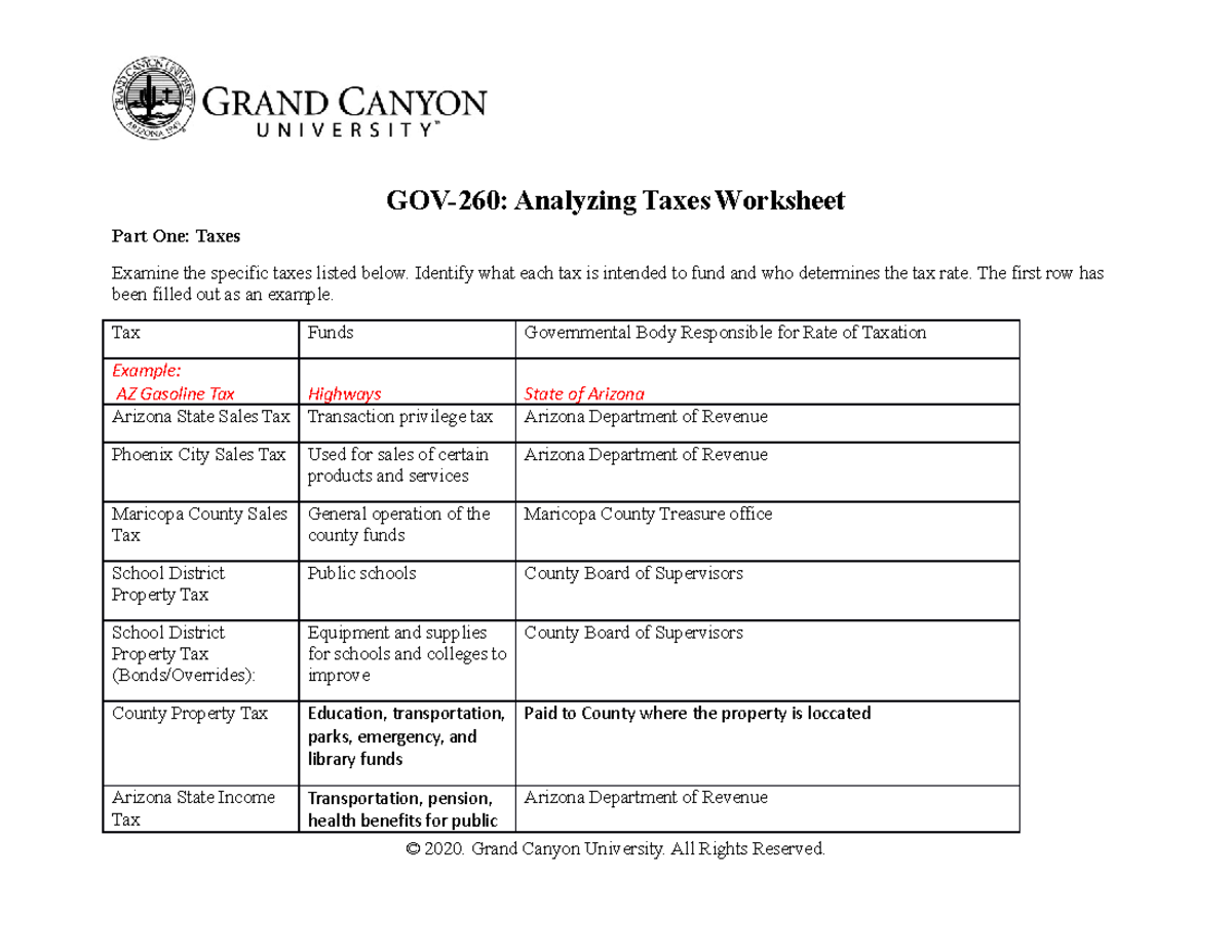 GOV-260-Analyzing Tax Worksheet - GOV-260: Analyzing Taxes Worksheet ...