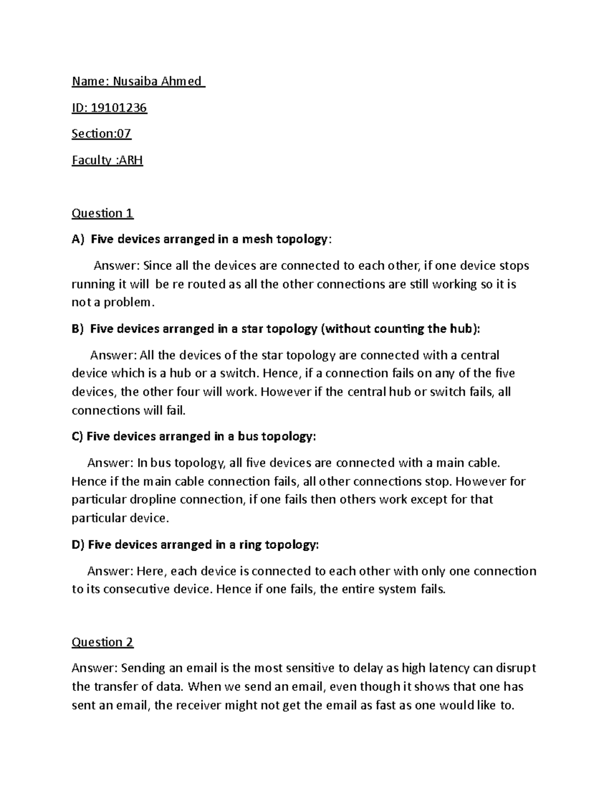 CSE320 Assignment 1 CSE320 data communication and networks - Name: Nusaiba Ahmed ID: 19101236 ...