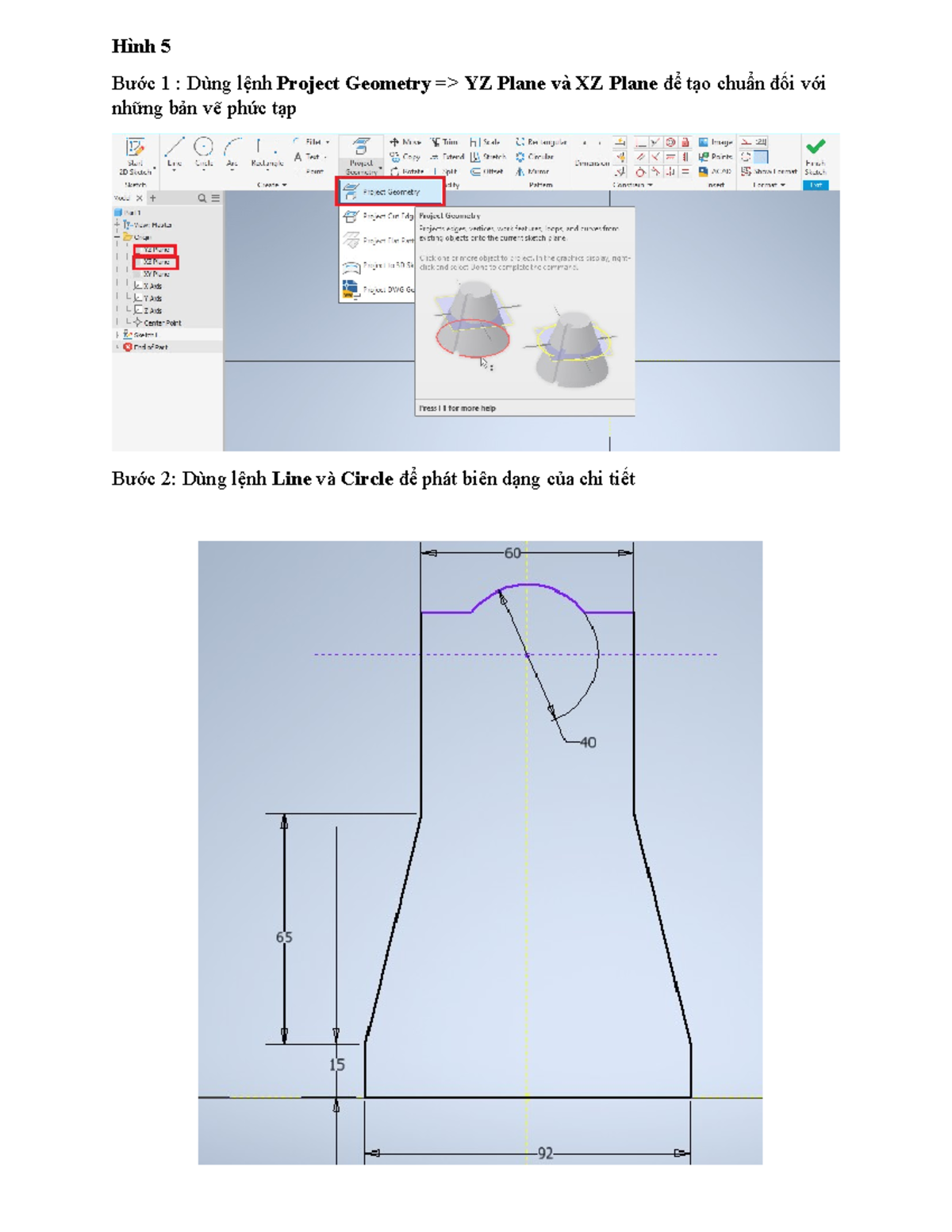 Hình 5 - đề 4 - Hình 5 Bước 1 : Dùng lệnh Project Geometry => YZ Plane ...