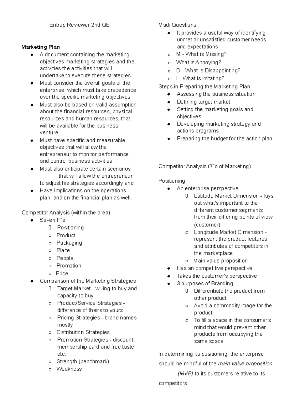 Entrep 2nd Quarter Notes - Entrep Reviewer 2nd QE Marketing Plan A ...