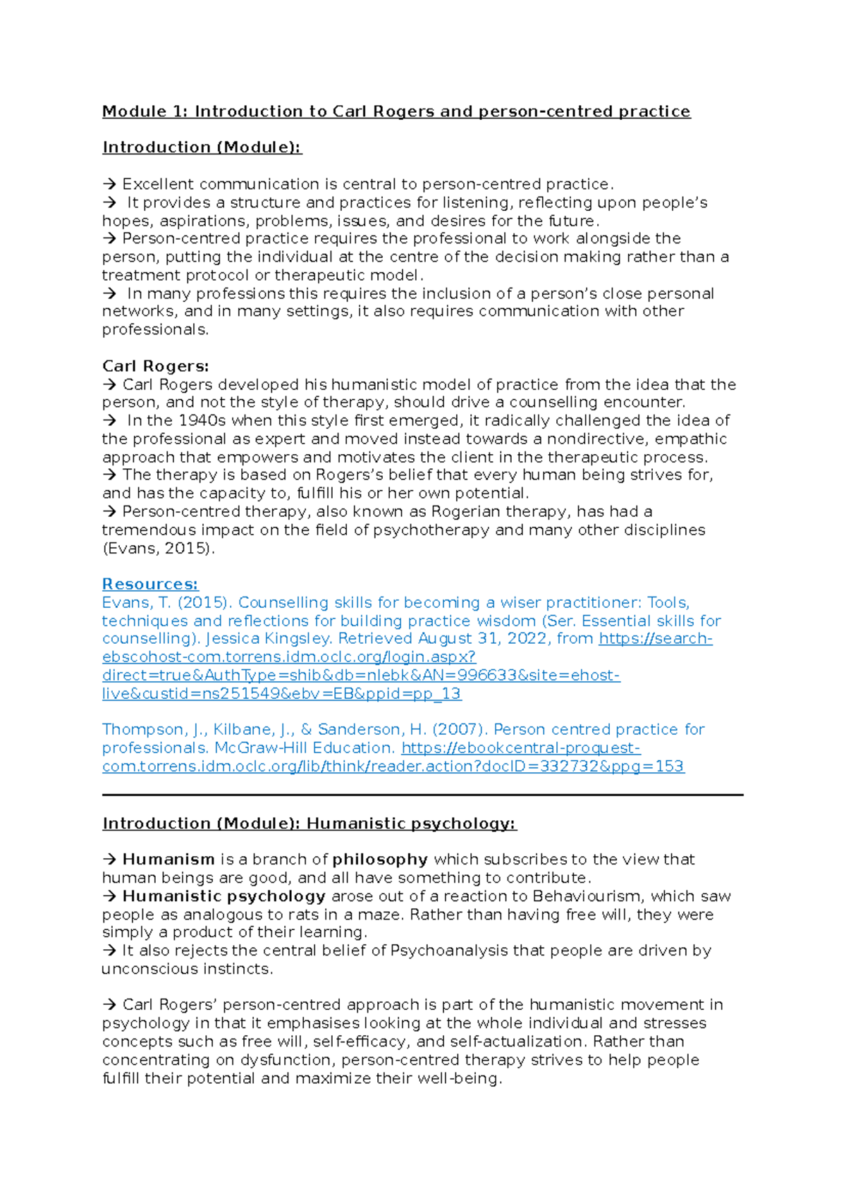 Week 1 notes - person centred practice - Module 1: Introduction to Carl ...