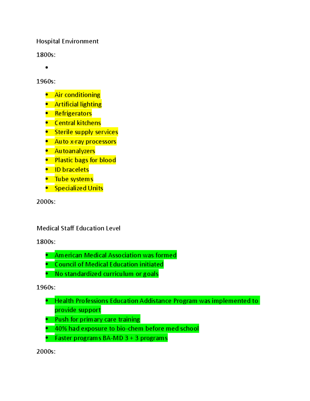 Comparative Analysis Chart Outline - Hospital Environment 1800s: 1960s ...