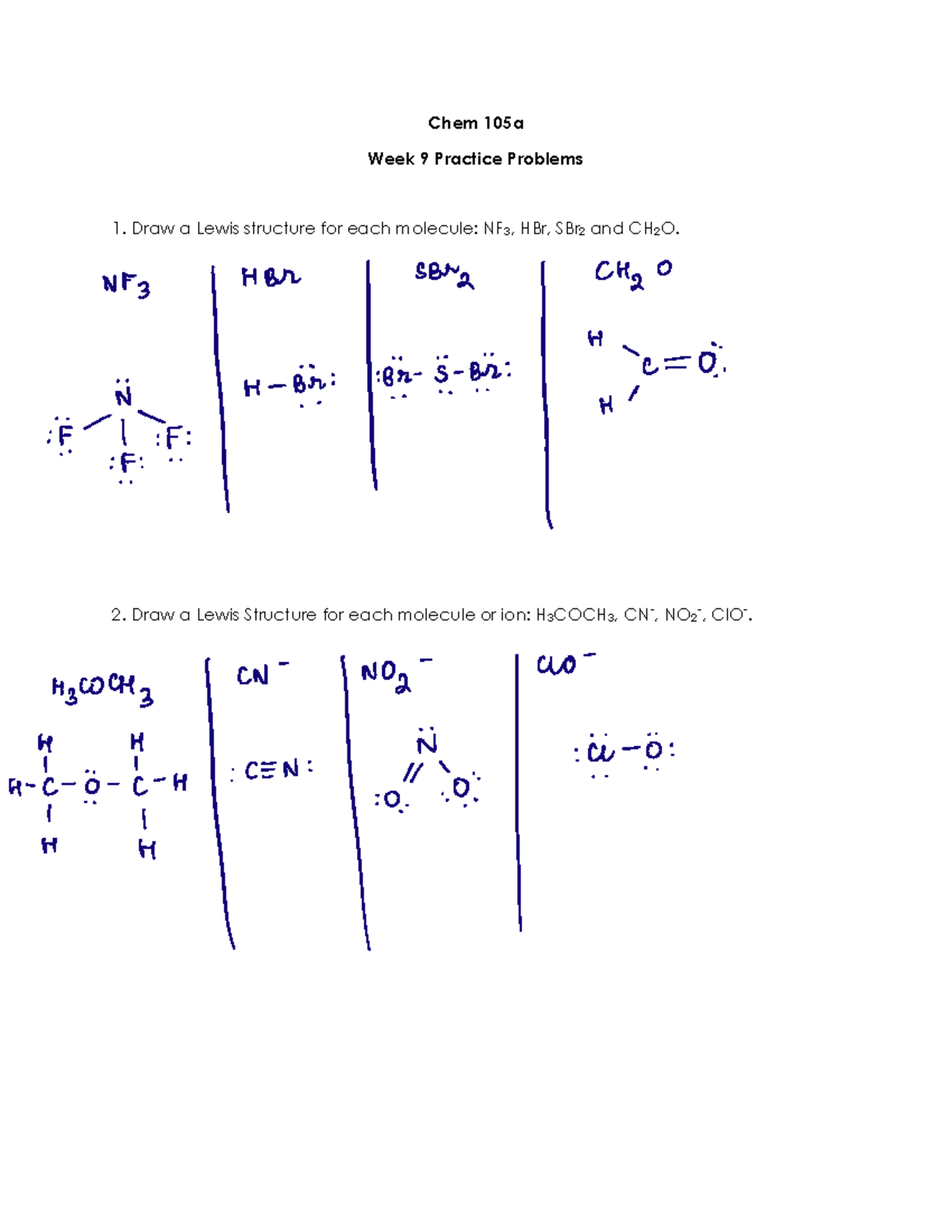 Week 9 Practice Problems - CHEM105aLg - Chem 105a Week 9 Practice ...