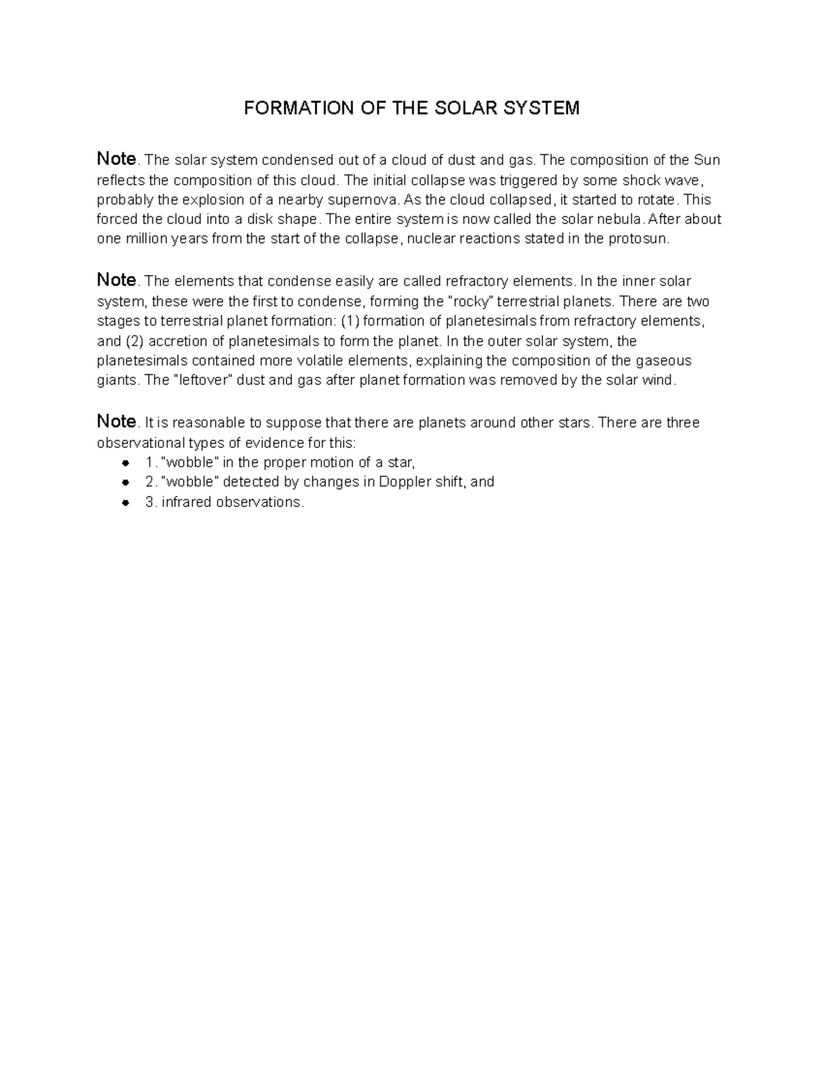 Astronomy Chapter 17 Notes Formation of the Solar System - FORMATION OF ...