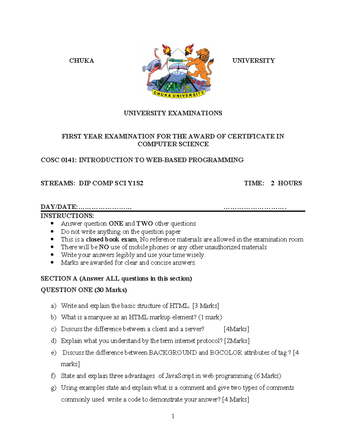 Cosc 0141 Exam Computer Science Exams Chuka University University Examinations First Year
