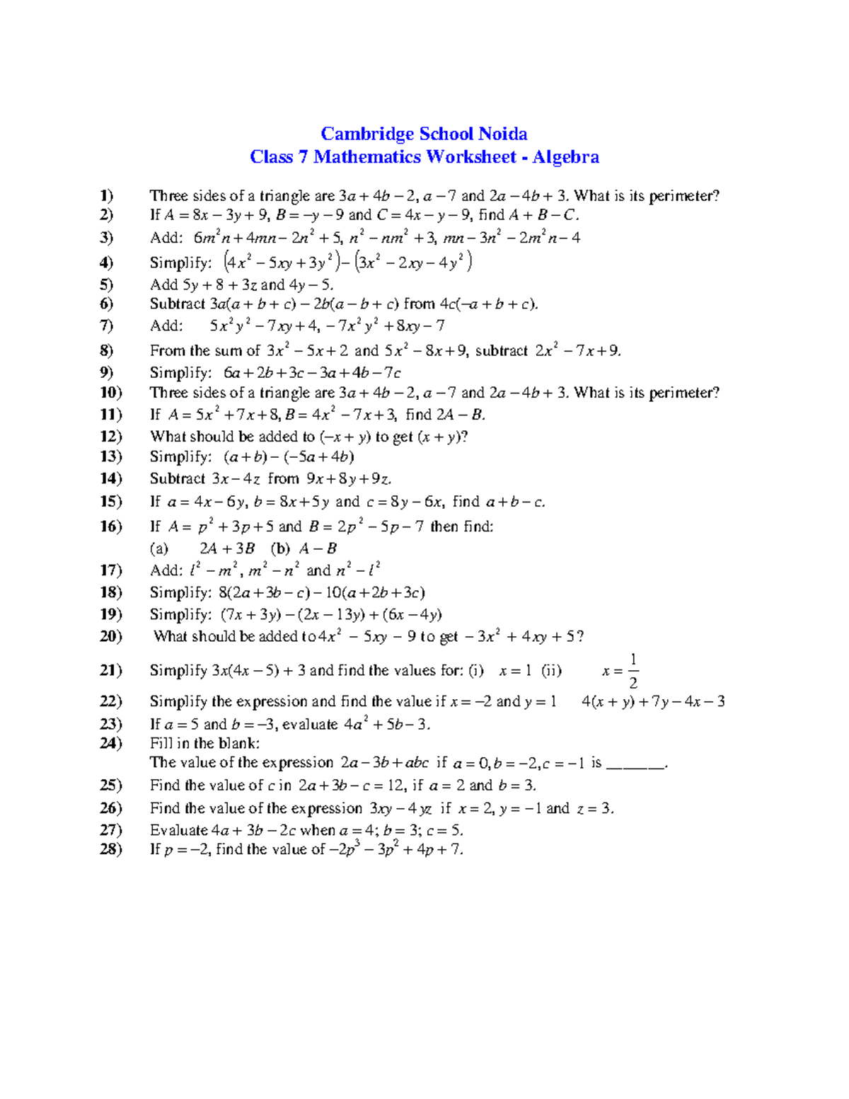 Worksheet Algebra Class 7 - Cambridge School Noida Class 7 Mathematics ...