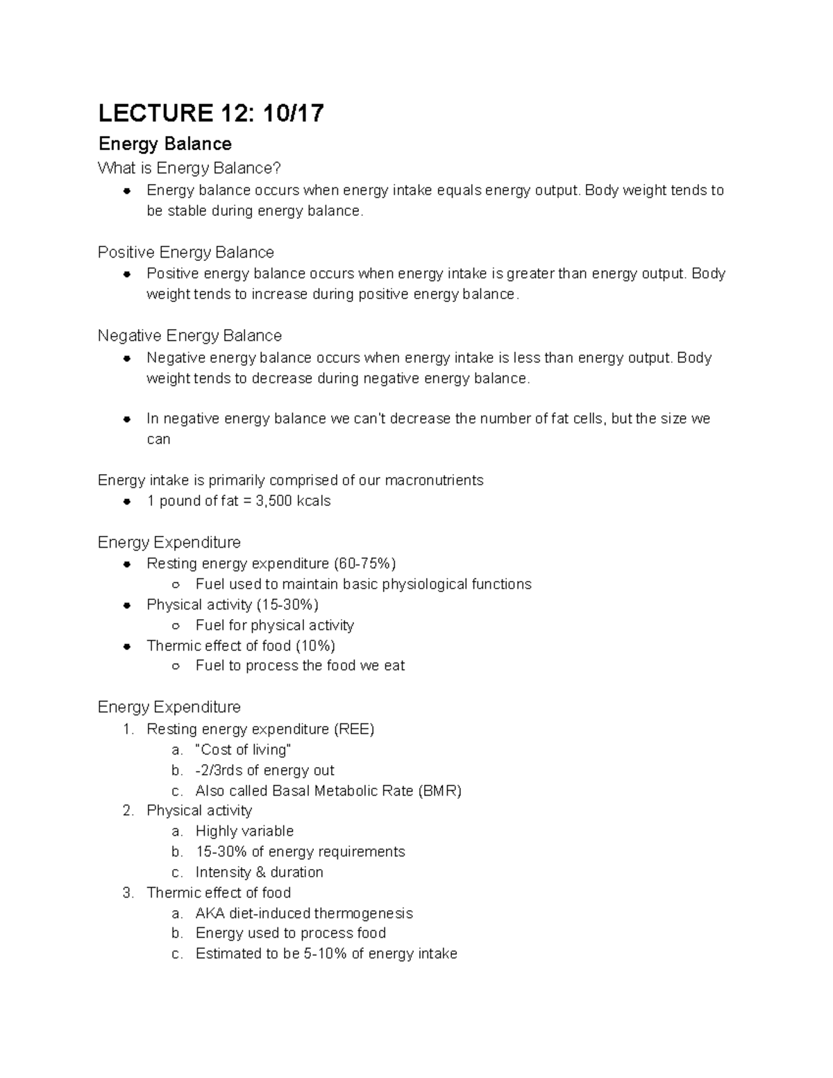 Nutrition Health and Well Being Notes 3 - LECTURE 12: 10/ Energy ...