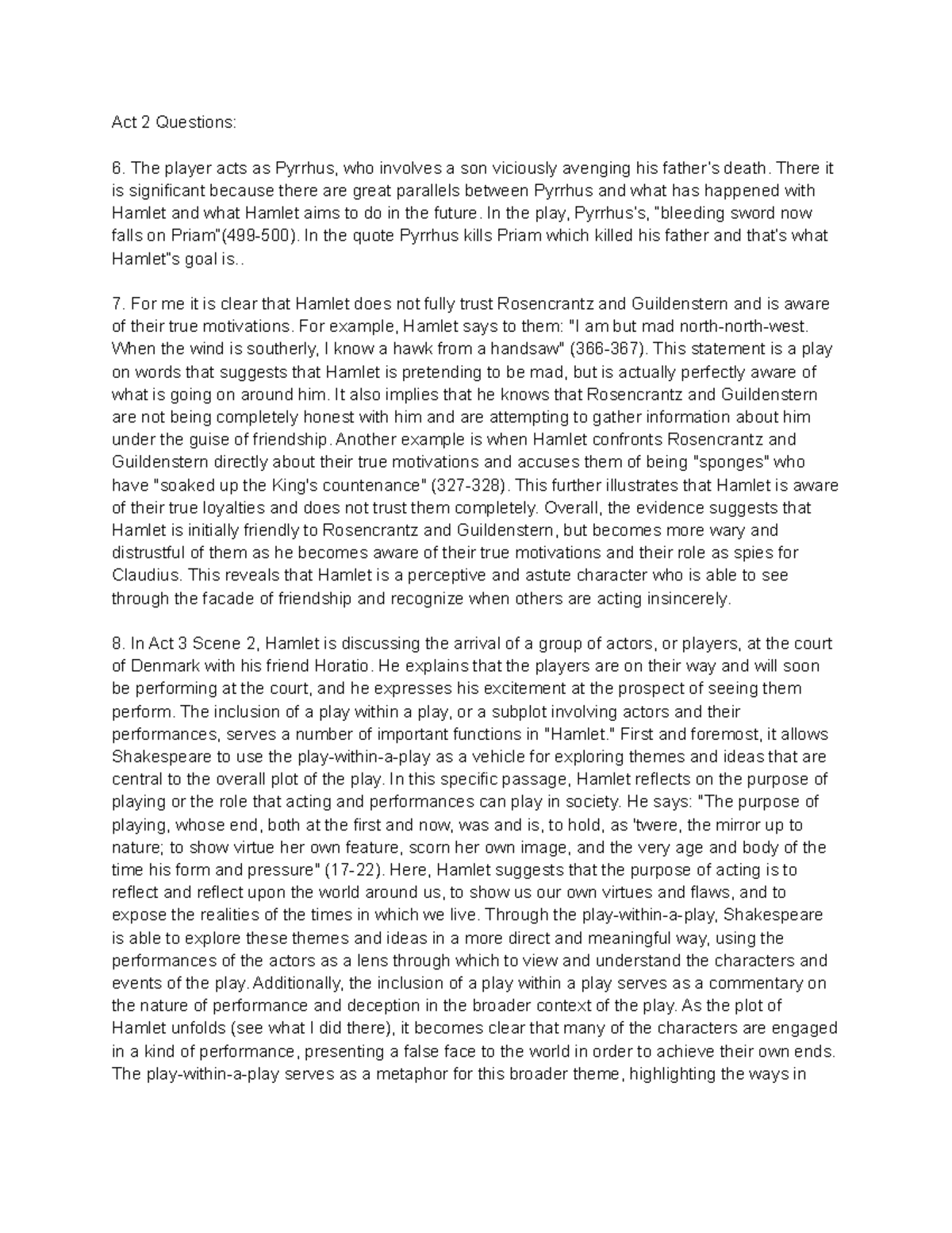 Hamlet Act 2, the remainder of sc. 2 - Act 2 Questions: The player acts ...