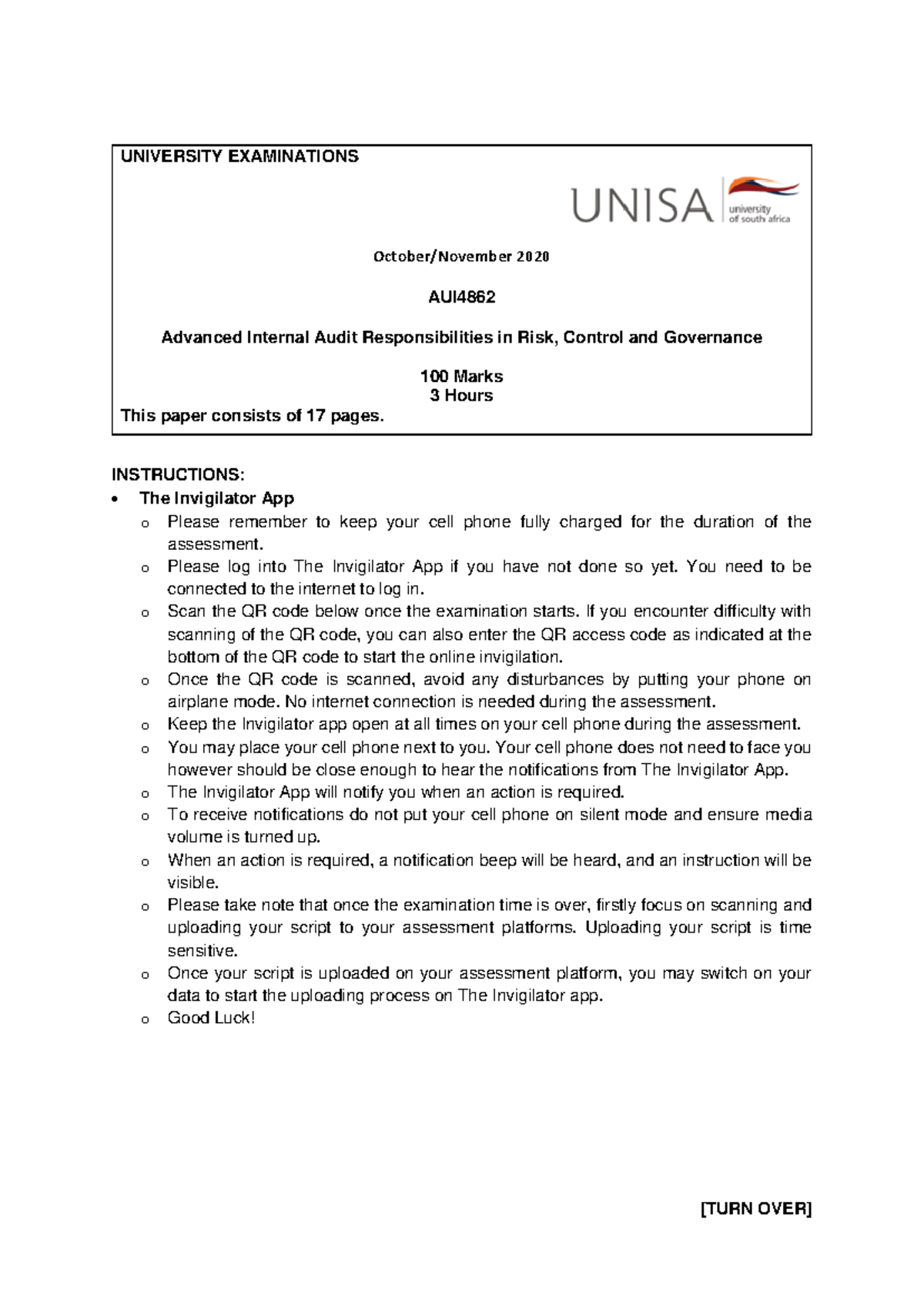 AUI4862 OCT NOV 2018 Exam Paper - UNIVERSITY EXAMINATIONS October ...