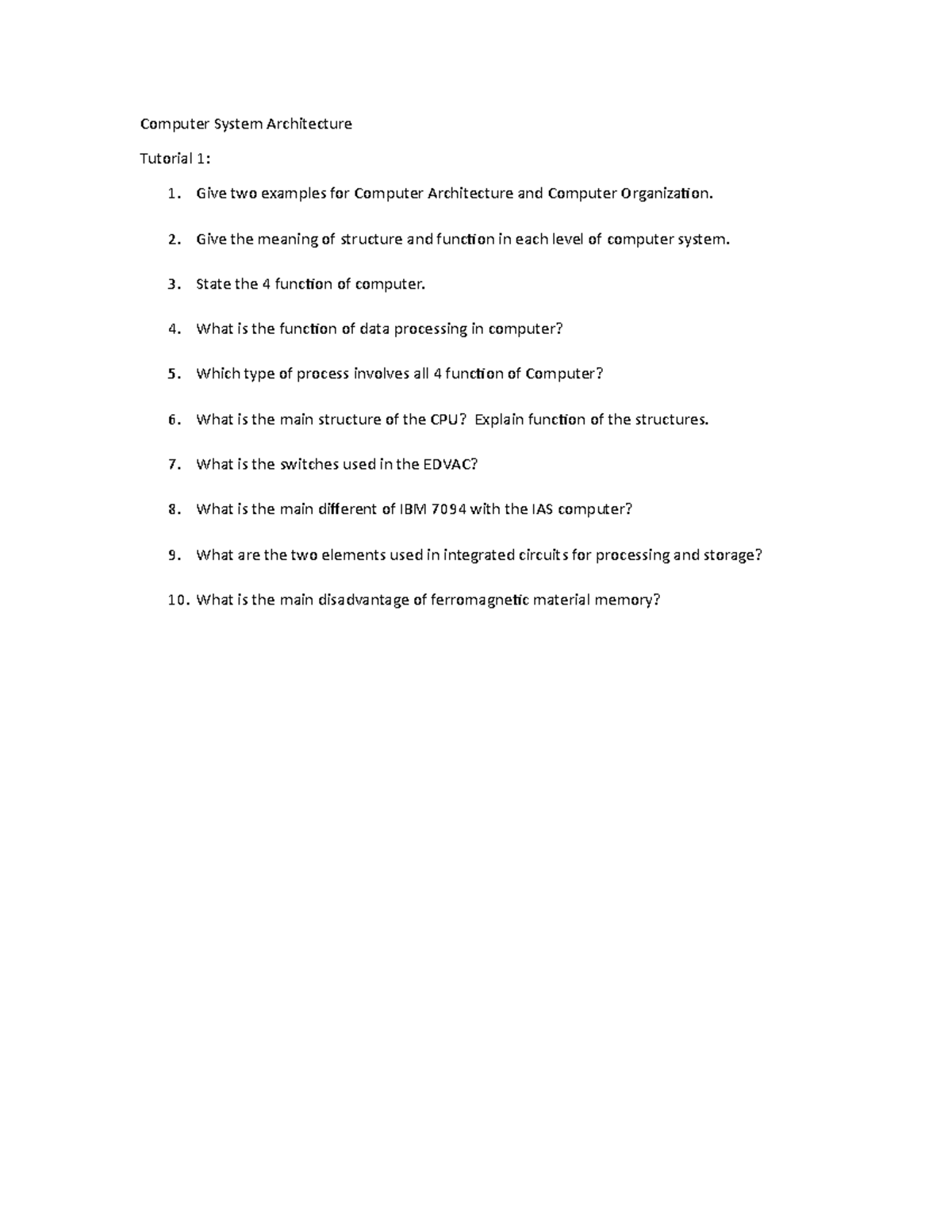 Tutorial 1 - Some ans - Computer System Architecture Tutorial 1: 1 ...