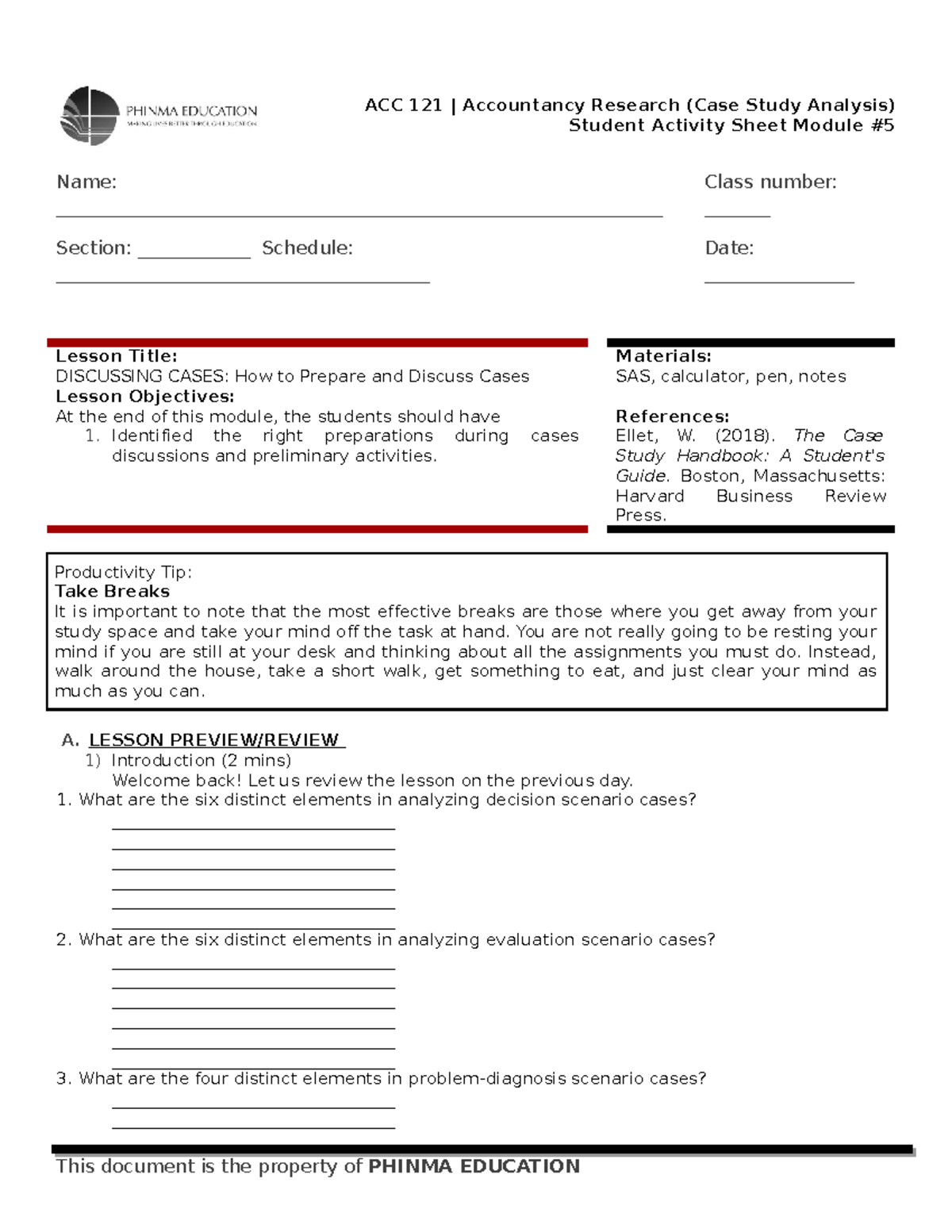 ACC 121 SAS Day 5 - Accounting - Student Activity Sheet Module # Name: - Studocu