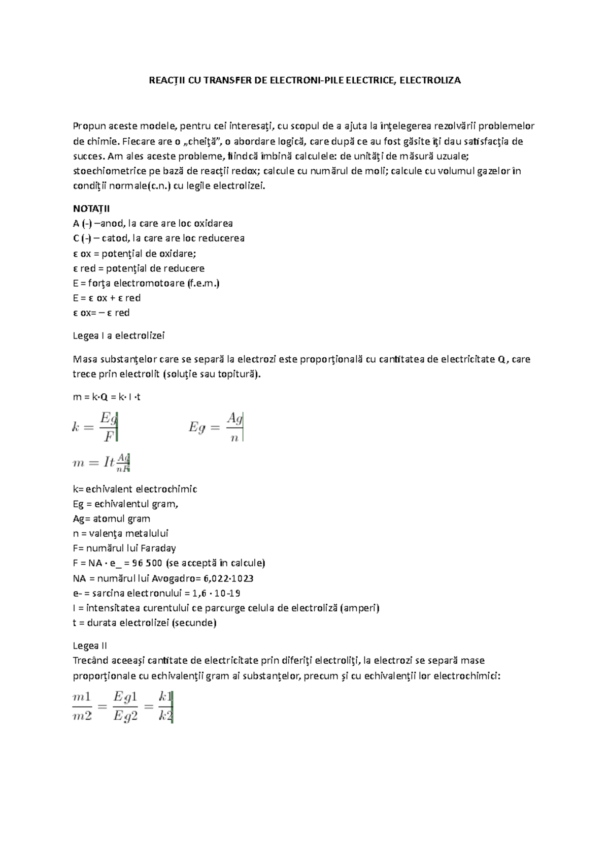 Reactii cu transfer de electroni - REACŢII CU TRANSFER DE ELECTRONI-PILE ELECTRICE, ELECTROLIZA ...