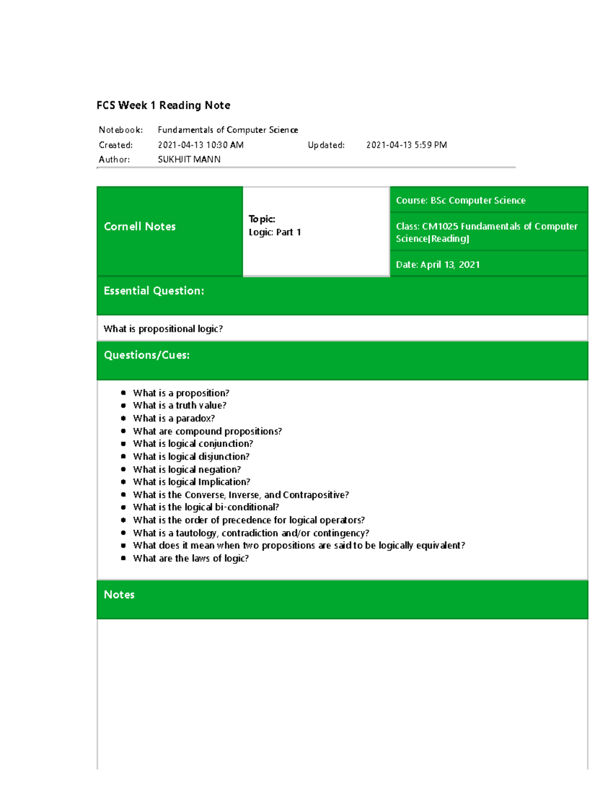 Week 1 Fcs Reading Note Notebook Fundamentals Of Computer Science