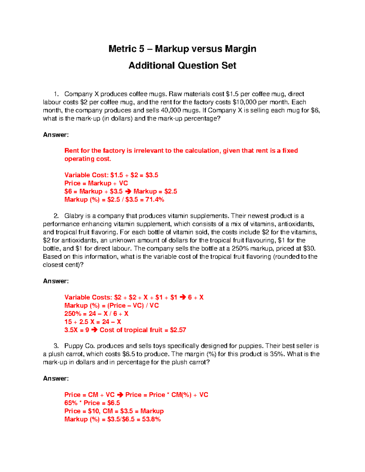 Metric 5 - Additional Question Set - MKT100 - Toronto Met - Studocu
