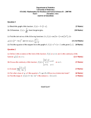 STA 102 TEST 2 2022 - revision material - Mathematics for Business and ...