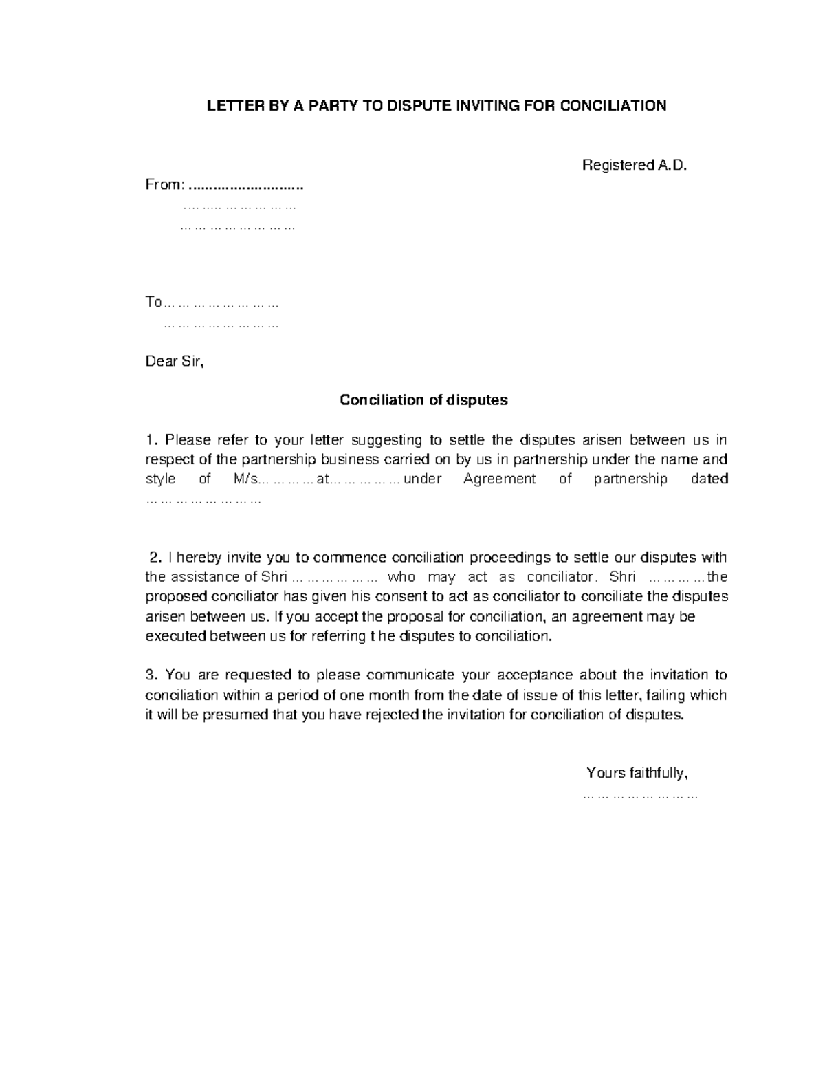 Letter BY A Party TO Dispute Inviting FOR Conciliation - LETTER BY A ...