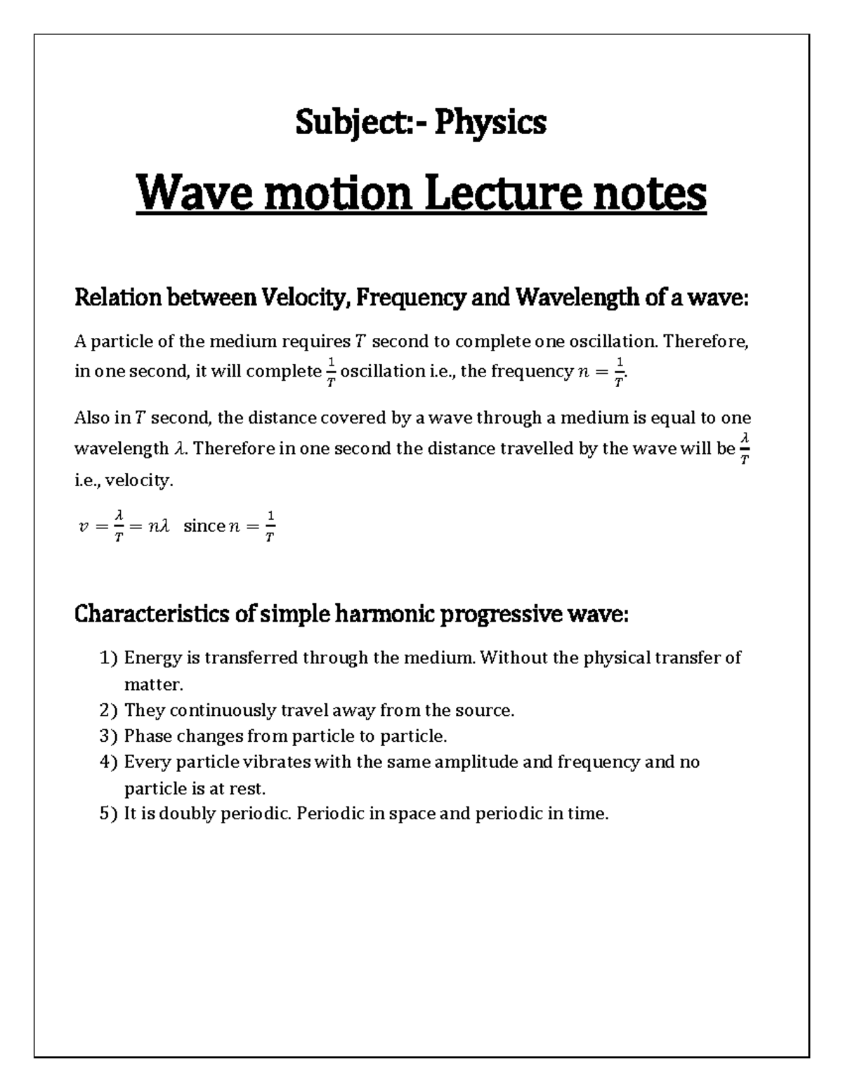Wave motion Lecture notes - Subject:- Physics Wave motion Lecture notes ...