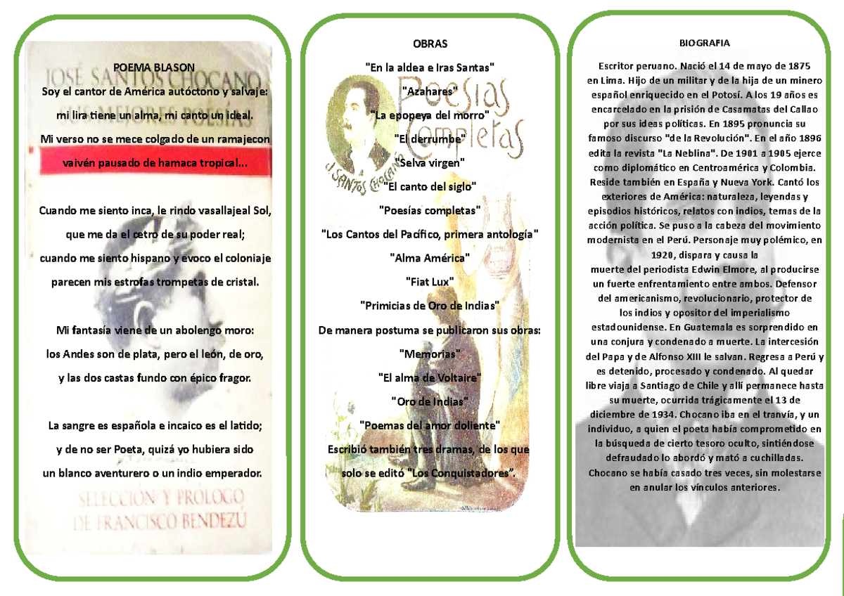 Chocano - que les sea util - POEMA BLASON Soy el cantor de América ...