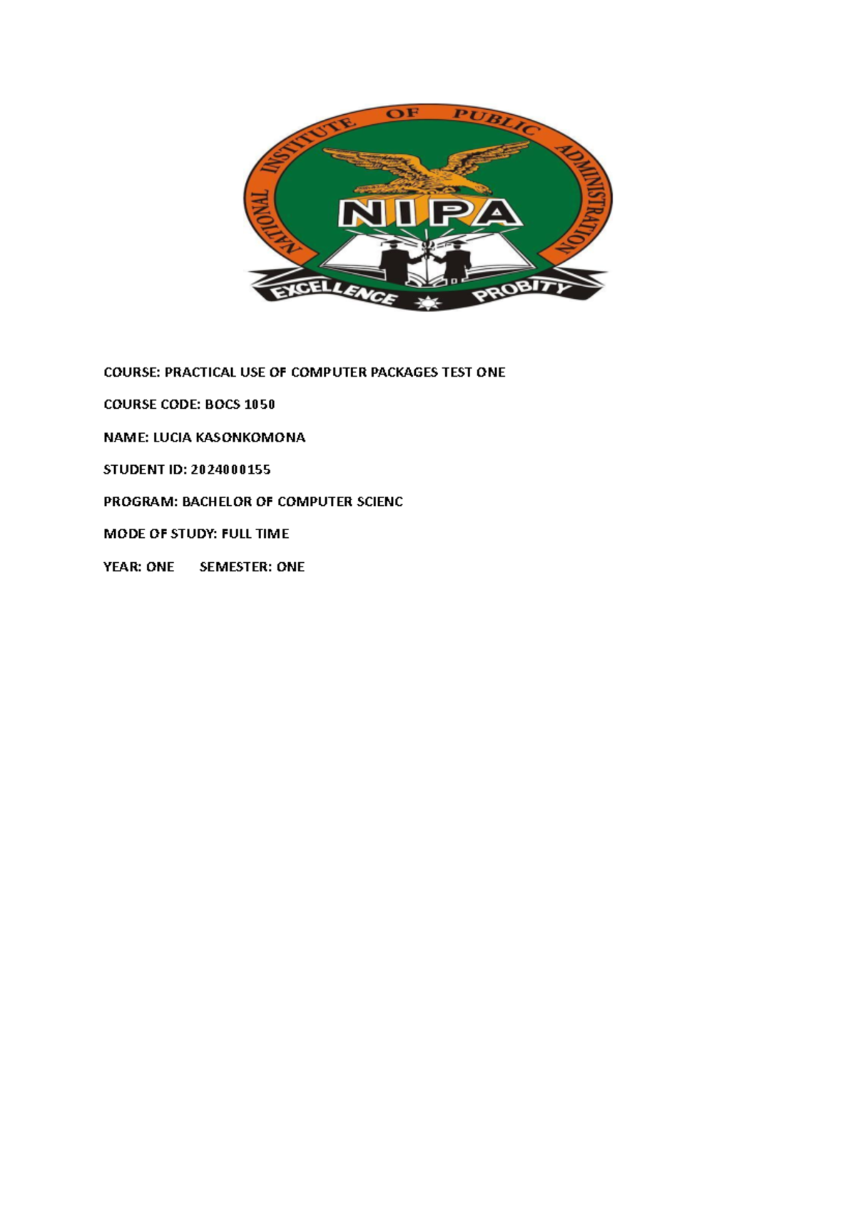 Practical use of computer packages test 1 - COURSE: PRACTICAL USE OF ...