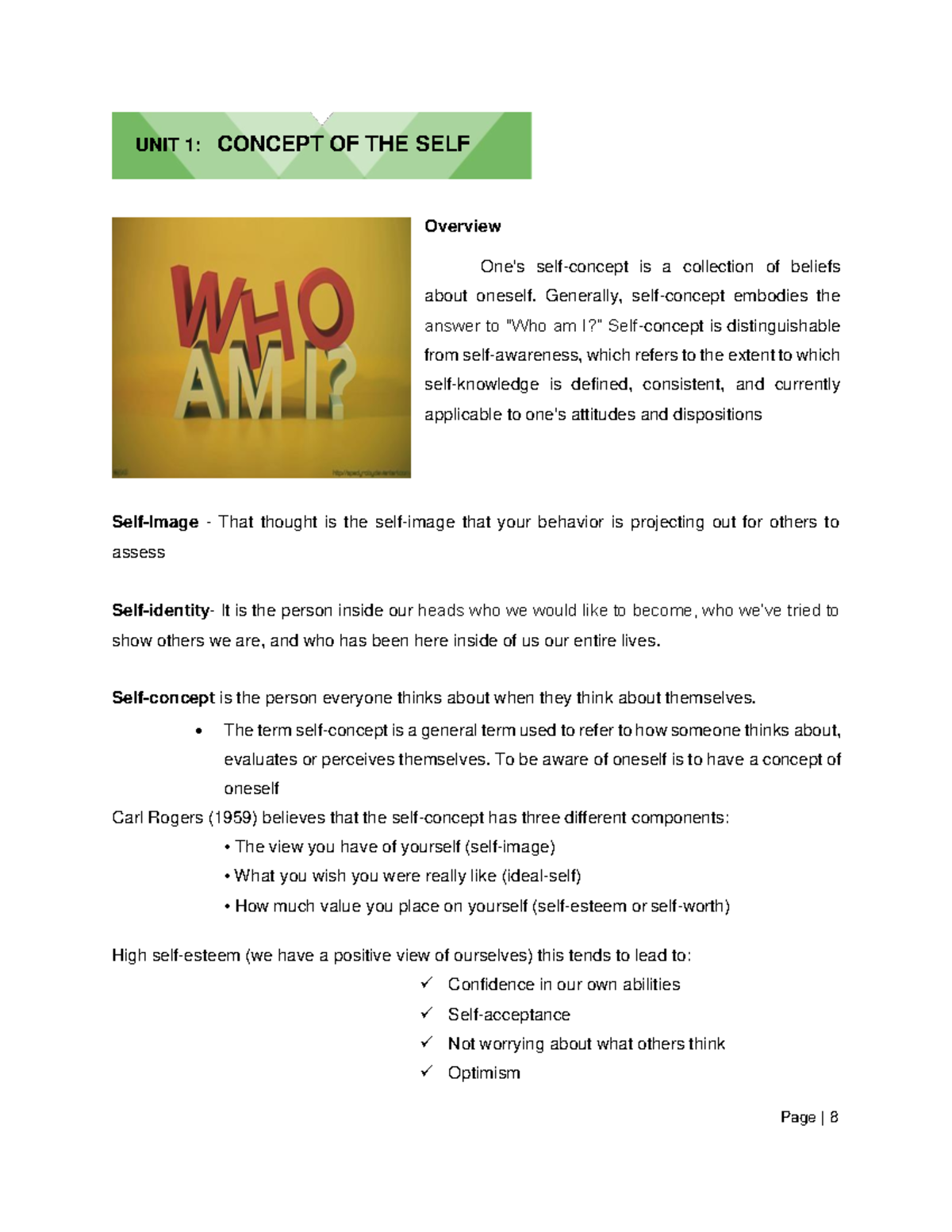 Lesson 1 Concept of the Self - Page | 8 Overview One's self-concept is ...