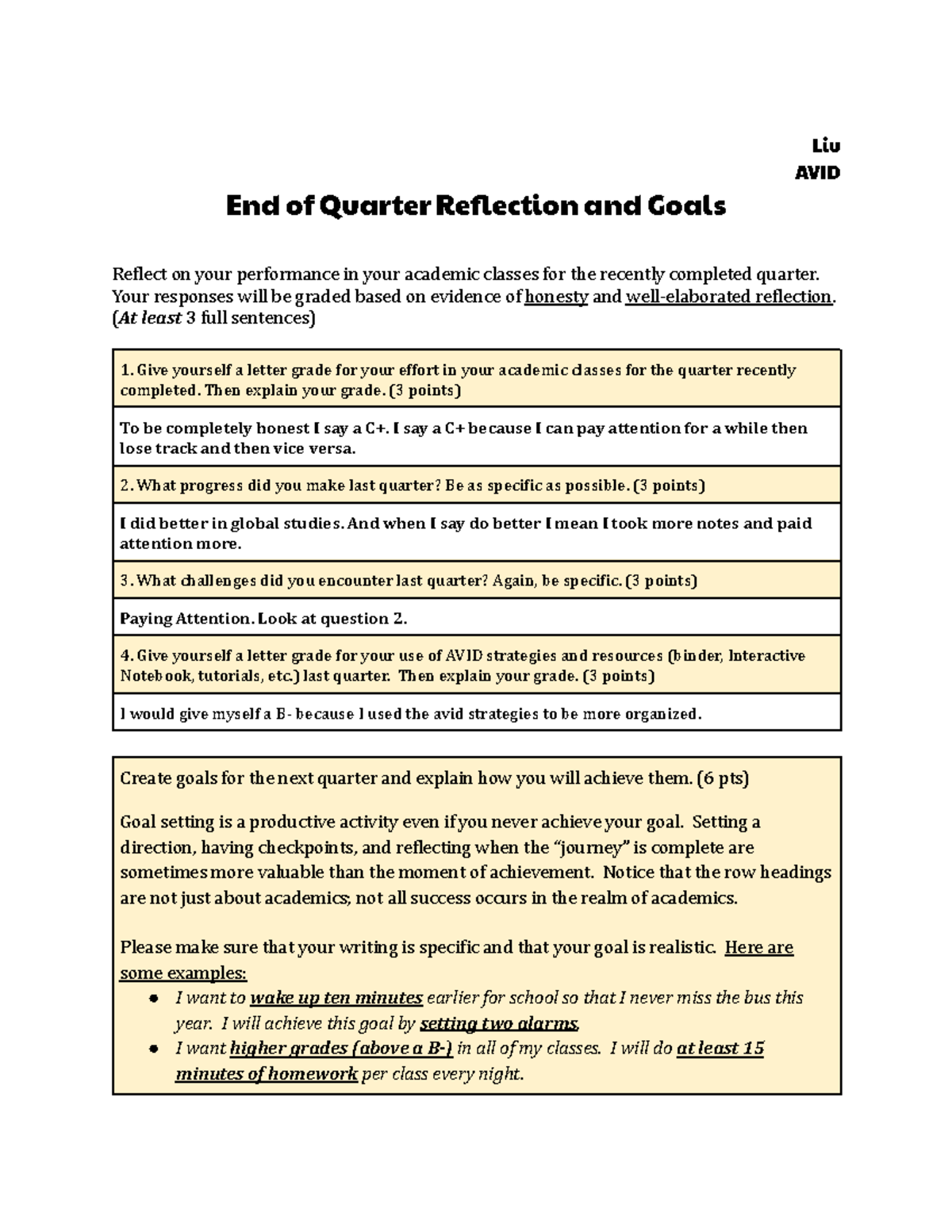 Copy of End of Quarter Reflection and Goals - Liu AVID End of Quarter ...