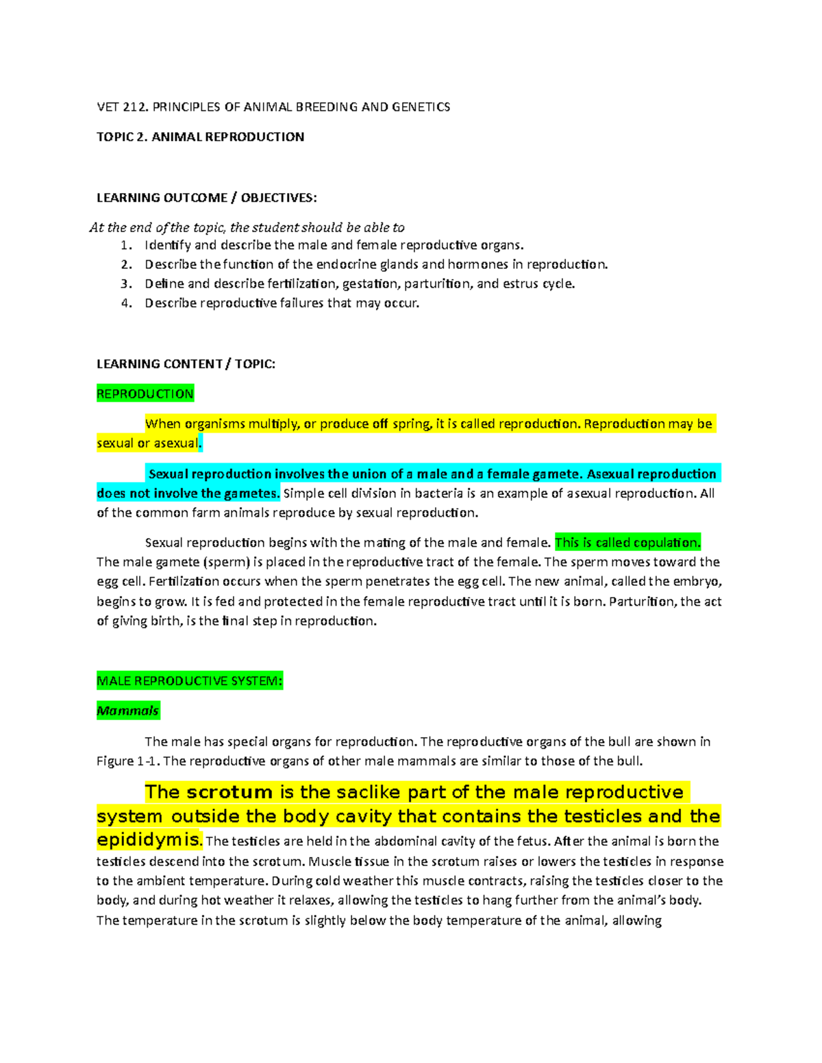 VET 212. Animal Reproduction. Topic 2, - VET 212. PRINCIPLES OF ANIMAL ...
