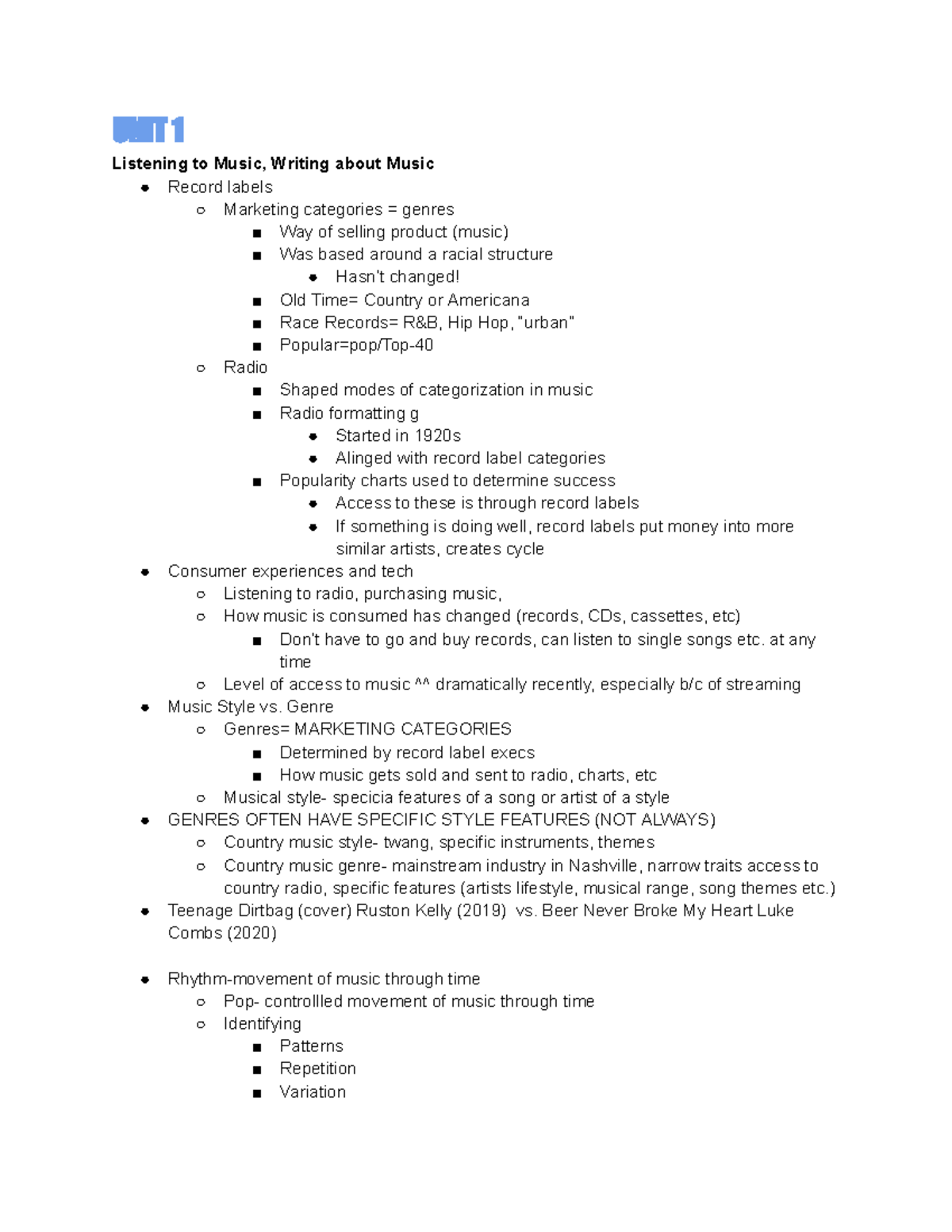 Pop, Rock, and Soul Music Unit 1 Notes - UNIT 1 Listening to Music ...