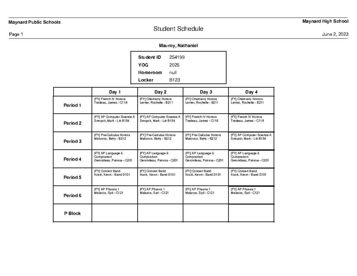 Student Schedules (Matrix) - Build - Student Schedule Maynard High ...