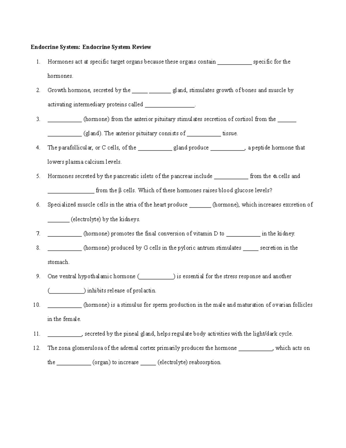 Endocrine Review Sheets - Endocrine System: Endocrine System Review 1 ...