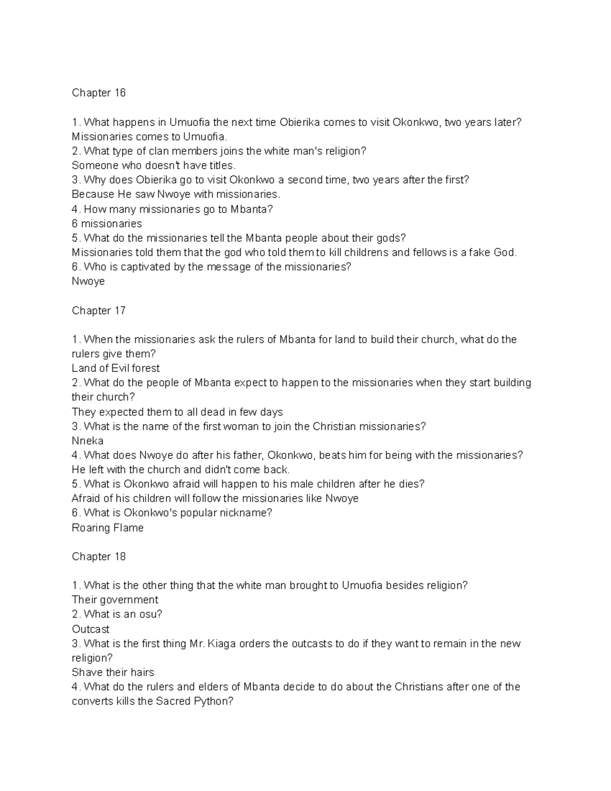 Things fall apart Questions Answers Chapter 16-25 - Chapter 16 What ...