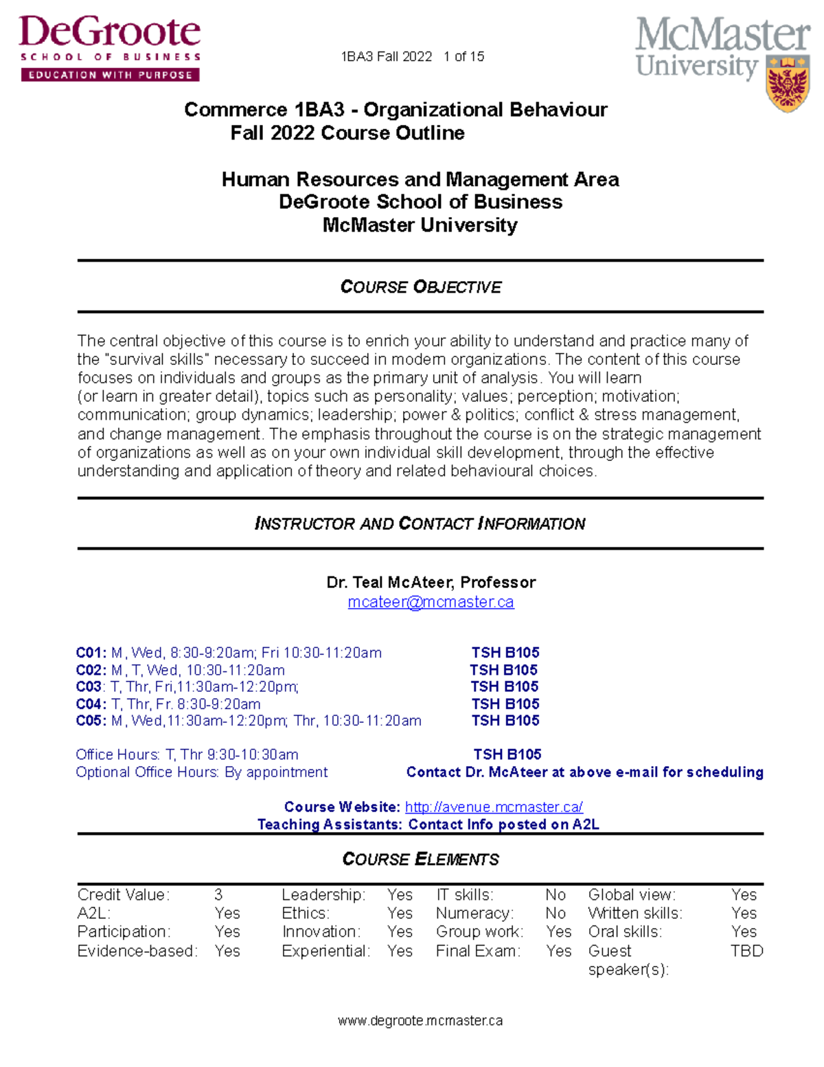 1BA3 F22 Course Outline Mcateer - Commerce 1BA3 - Organizational ...