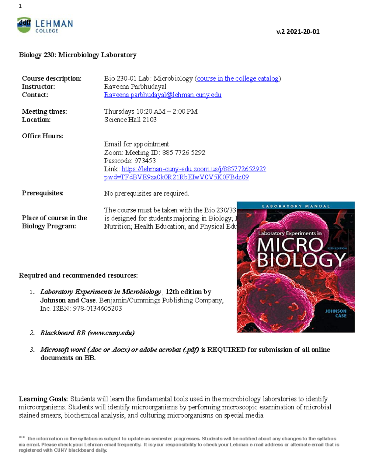 Bio230-06 Syllabus - ddf v 2021-20- Biology 230: Microbiology ...