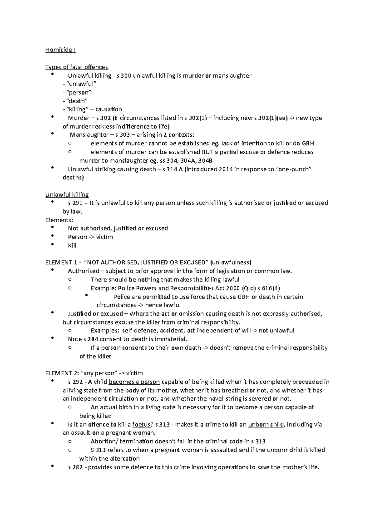 Homicide I - Lecture notes 5 - Homicide I Types of fatal offences ...