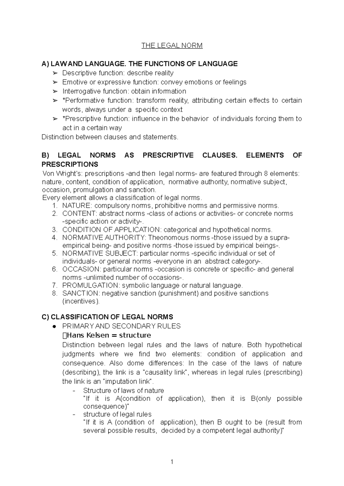5 Esquema - THE LEGAL NORM A) LAW AND LANGUAGE. THE FUNCTIONS OF ...