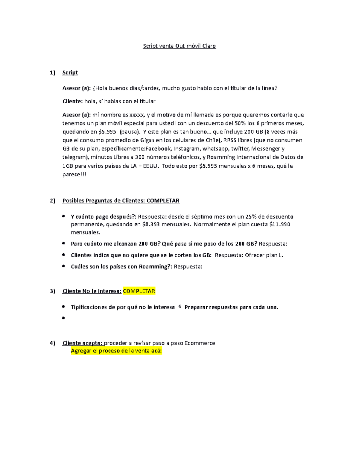20220206 Nuevo Script venta out móvil Claro - Script venta Out móvil Claro Script Asesor (a ...
