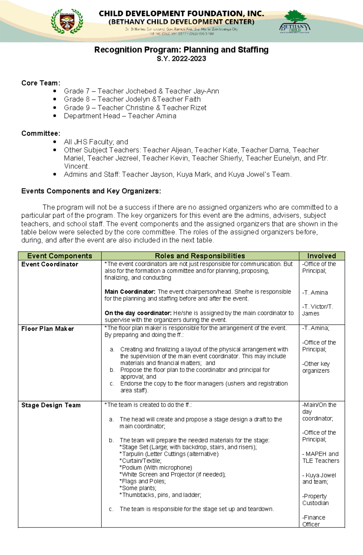 JHS Closing and Moving Up Ceremony Planning and Staffing SY 2023 - Recognition Program: Planning ...