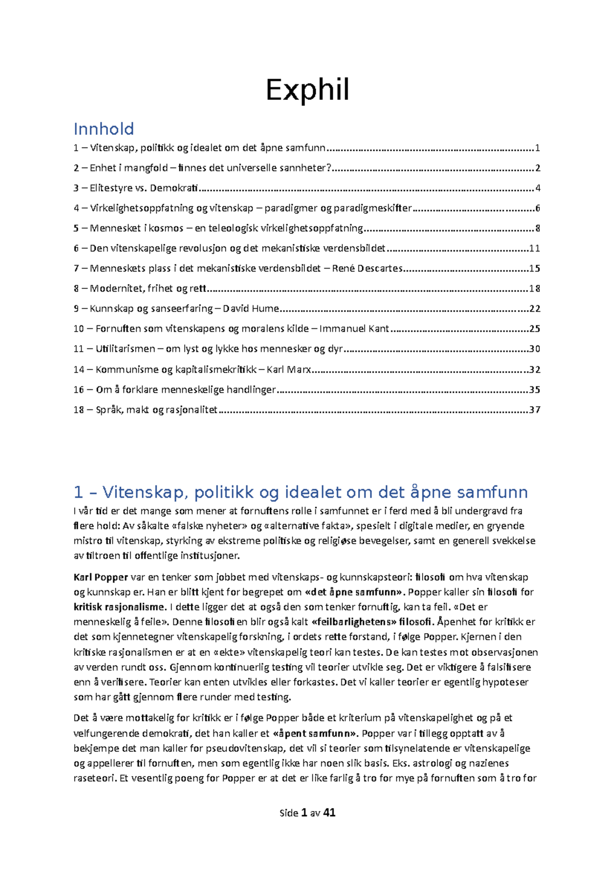 Exphil notater - Sammendrag av tanke og handling, D, Dybvig og Wyller. - Exphil Innhold 1 ...