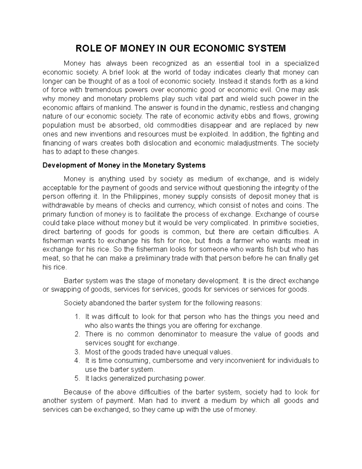 Monetary-Policy ROLE-OF- Money-IN-OUR- Economic- System - ROLE OF MONEY ...